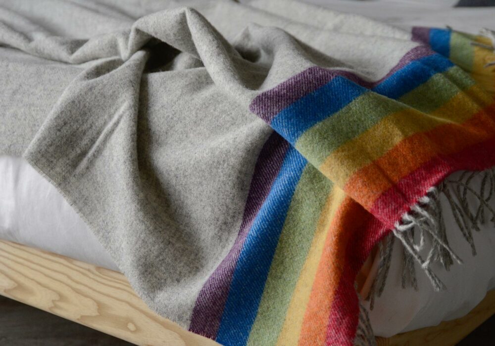 Grey Wool Throw with Rainbow Edges | Natural Bed Company