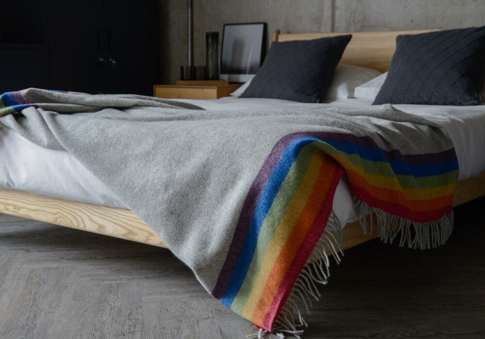 Grey Wool Throw with Rainbow Edges | Natural Bed Company