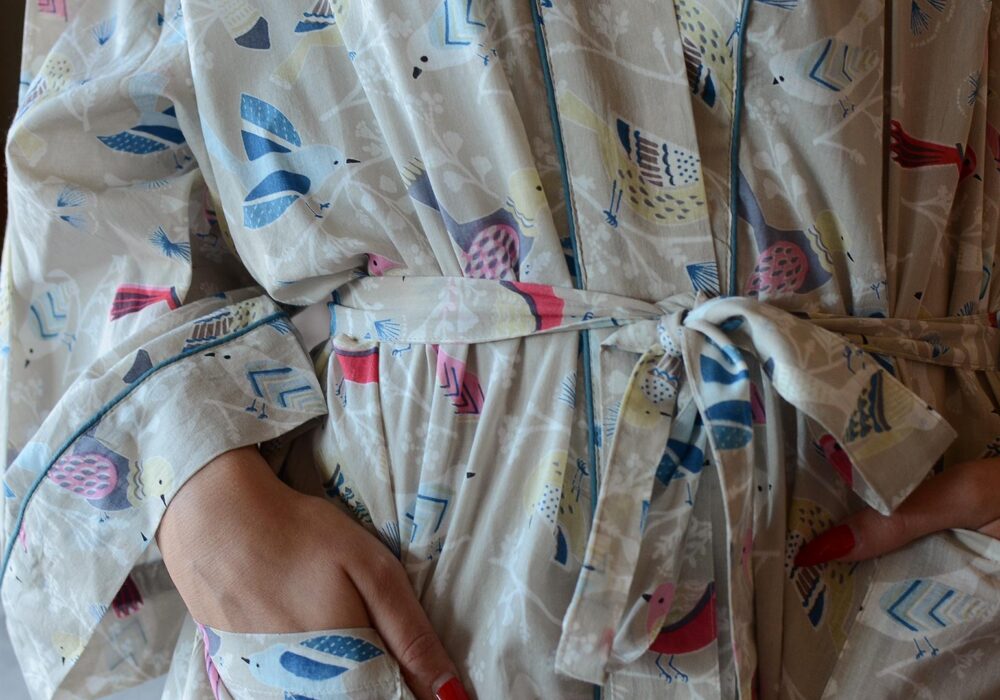 Pastel Bird Pattern Kimono | Cotton Robes | Natural Bed Company